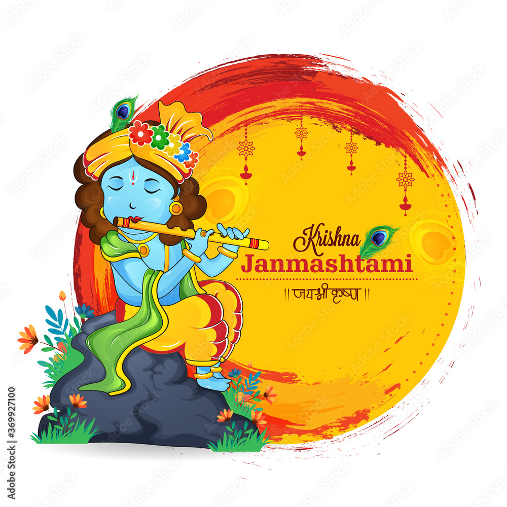 Vetor Illustration of a cute lord krishna playing flute on Creative ...