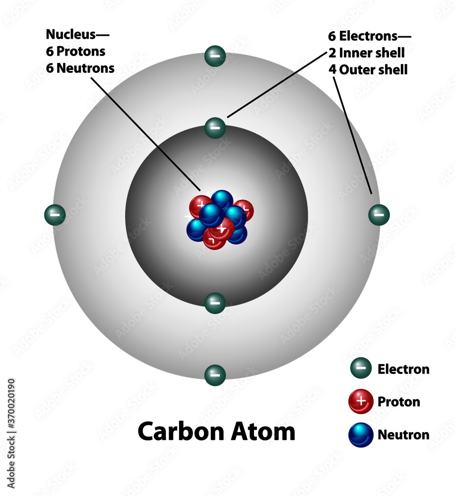 Molecular structure of a carbon atom. Electrons, protons, and neutrons ...