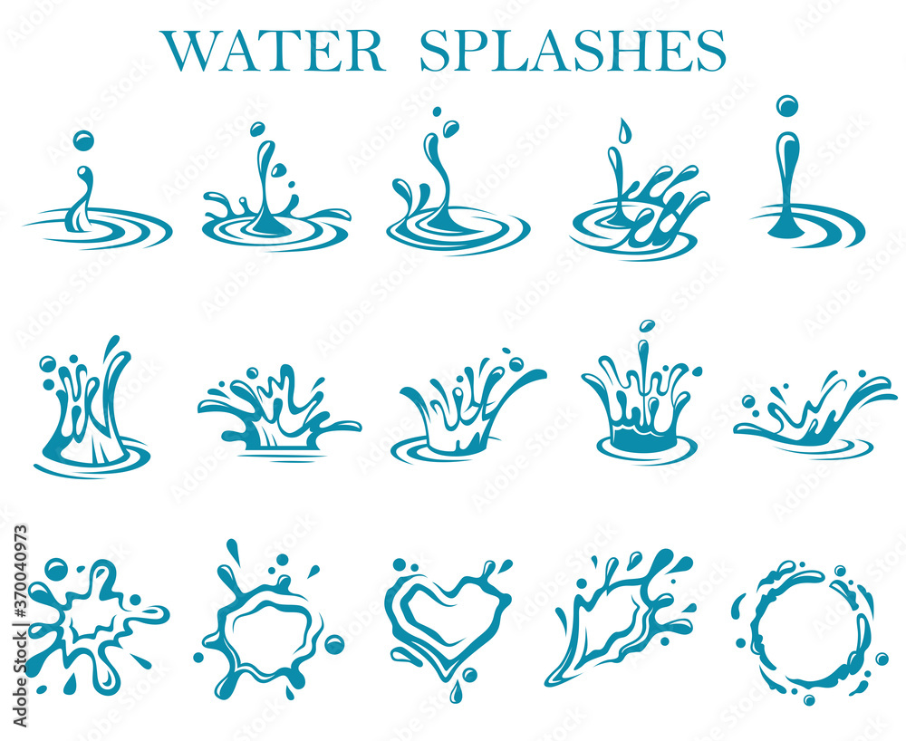collection with abstract symbols of blue water splash isolated on white ...
