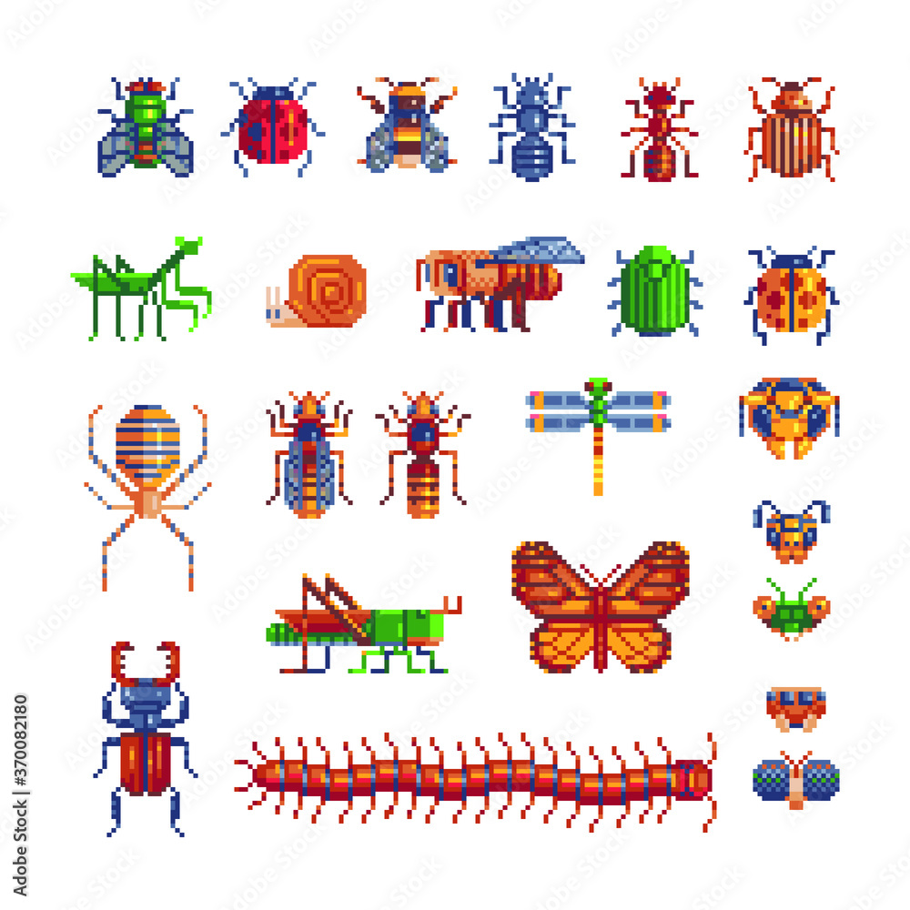 Different insects set. Pixel art 80s style icons. Element design for ...