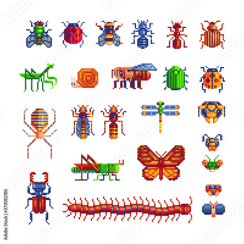 Different insects set. Pixel art 80s style icons. Element design for ...
