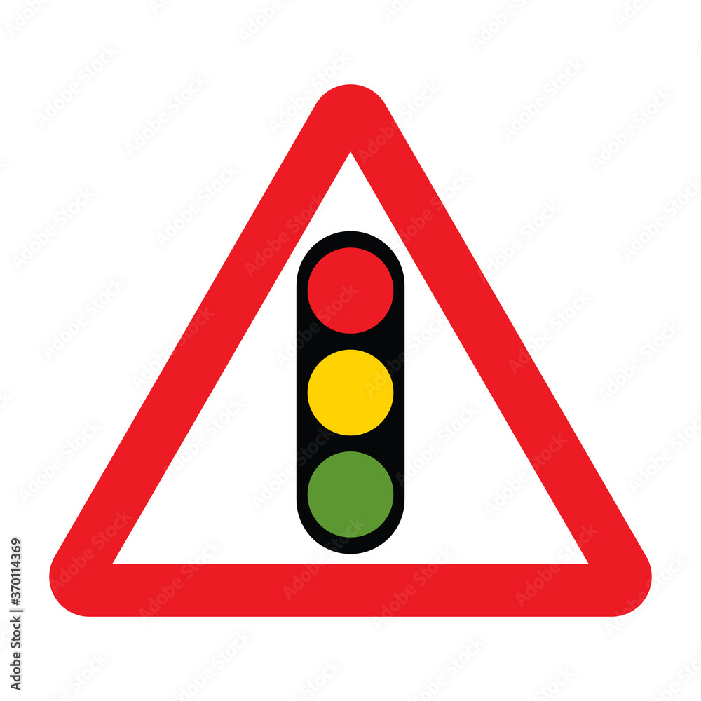 Traffic signal light road sign. Red triangle warning road sign with ...