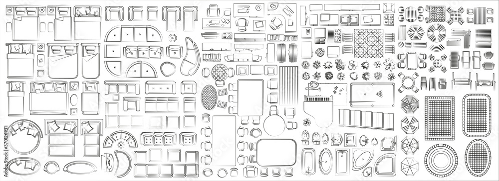 Set of linear icons. Interior top view. Furniture and elements for ...