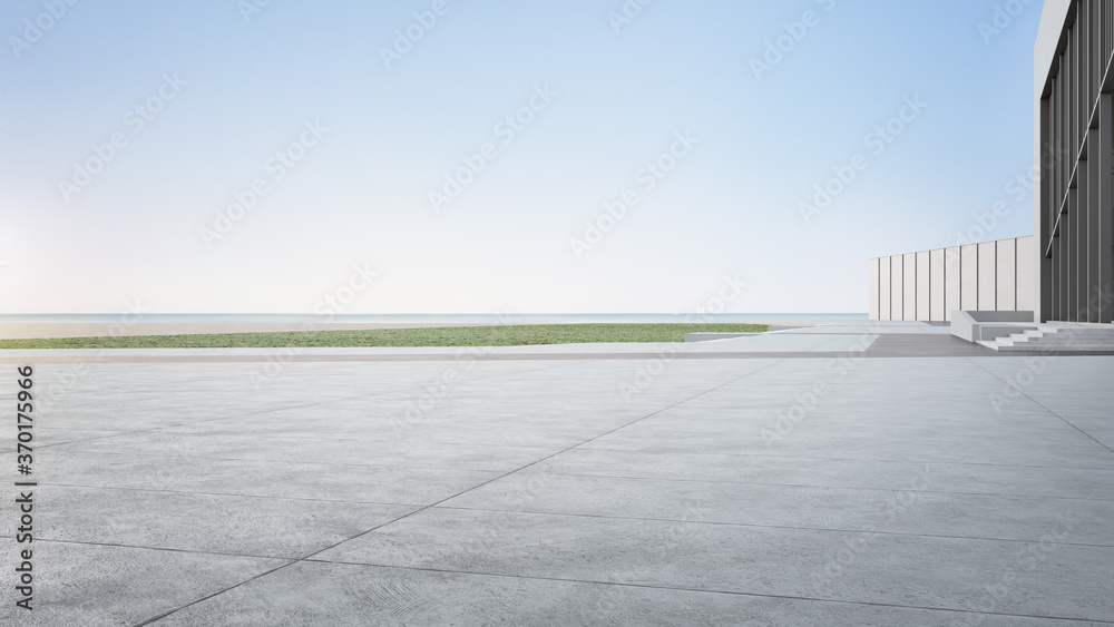 Empty concrete floor and gray wall building. 3d rendering of sea view ...