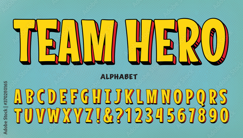 A Comic Superhero Font. Team Hero is a Vector Alphabet in Bright Yellow ...