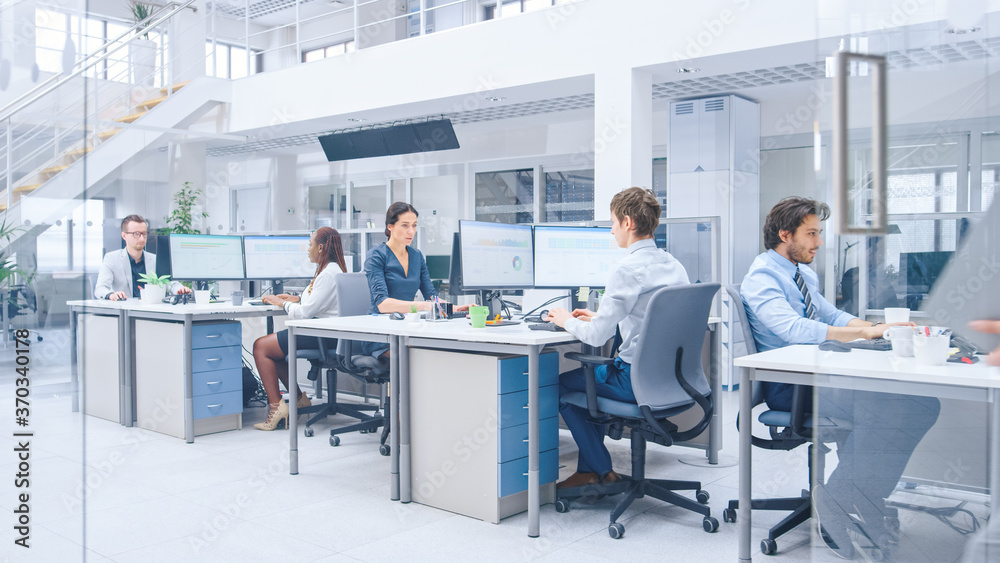 In the Bright Busy Office Rows of Young Professionals Working on ...