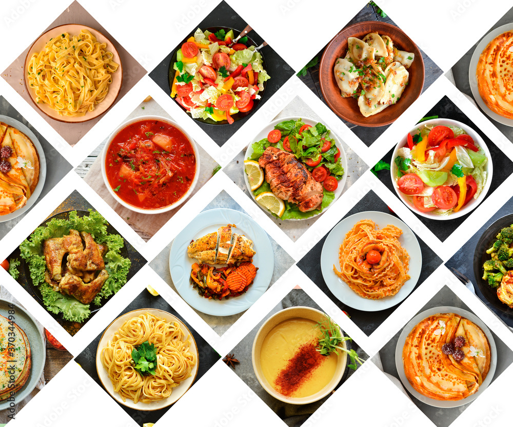 Natural food collage. Food background. Vegetable and meat dishes. Food ...