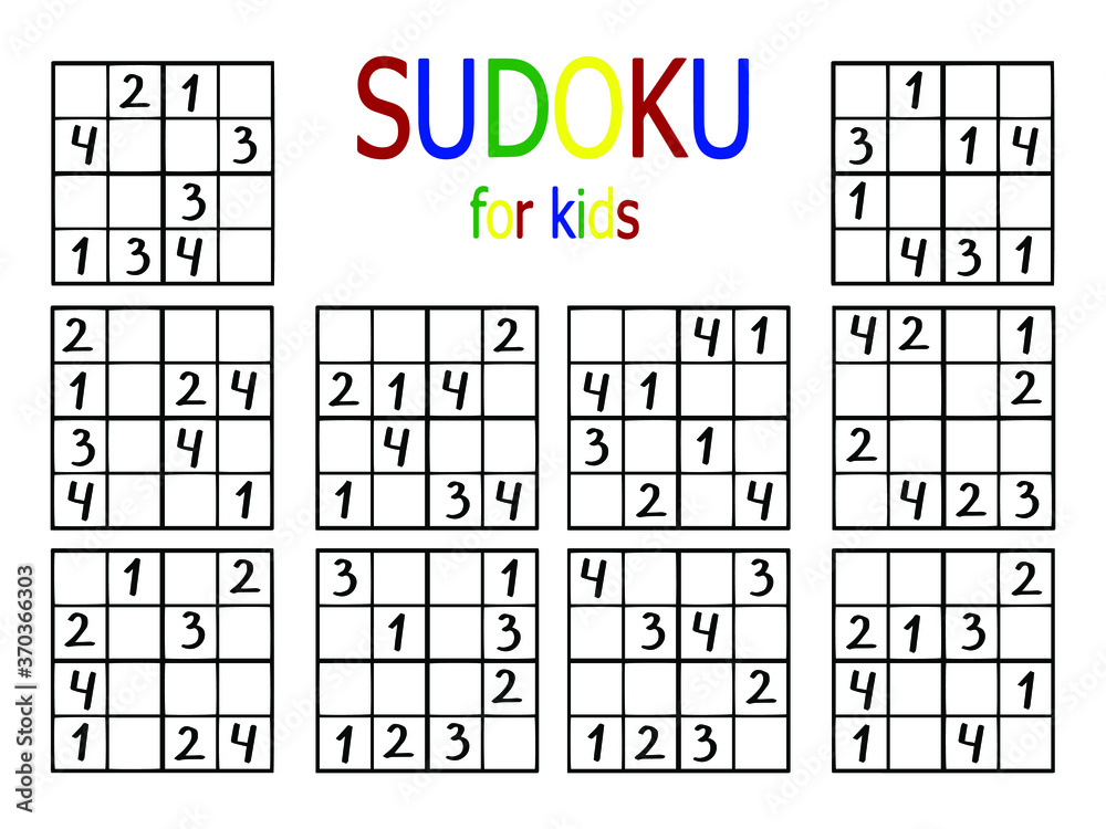 Sudoku for kids vector set. Ten simple sudoku puzzles four by four for ...