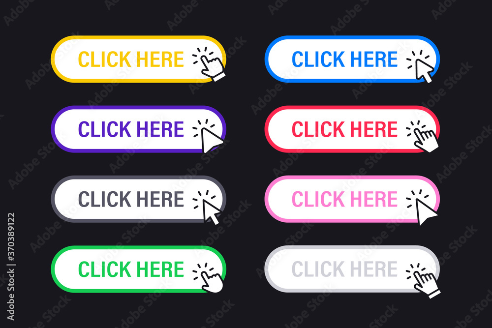 Image vectorielle Stock Click Here Button with Click cursor. Set for button website design ...