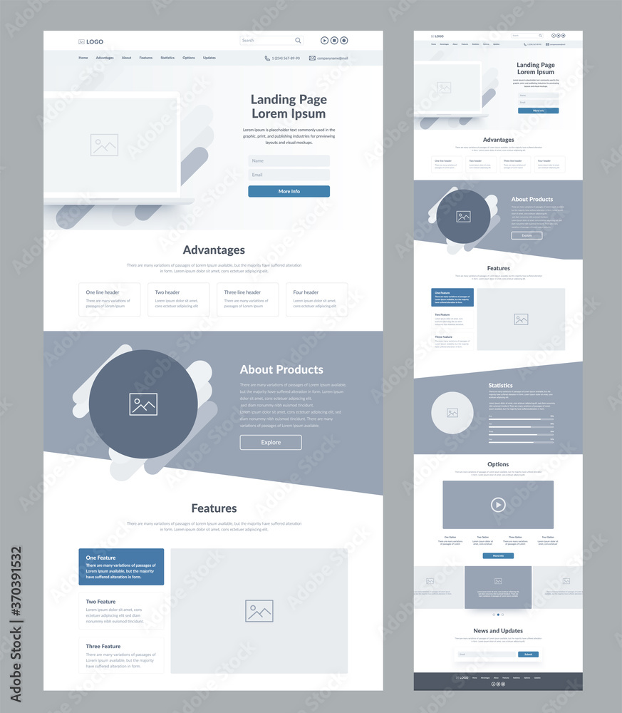 Landing page wireframe design for business. One page site layout ...