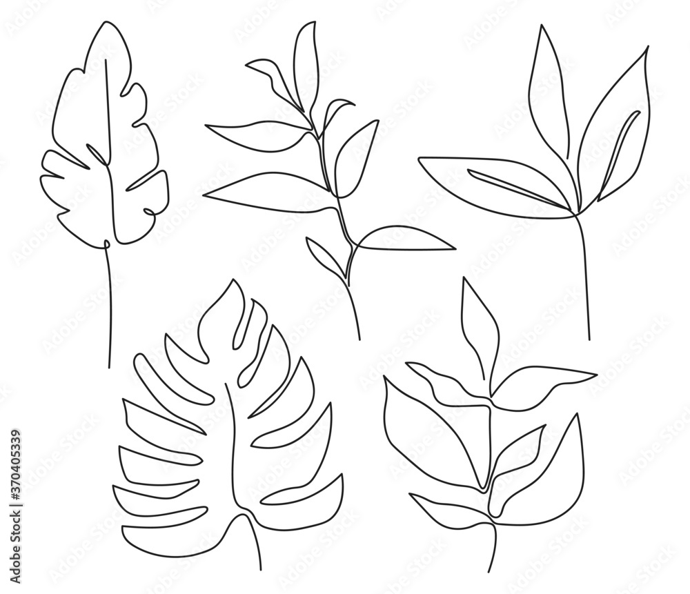 One line continuous of leaves, single line drawing art, tropical leaves ...