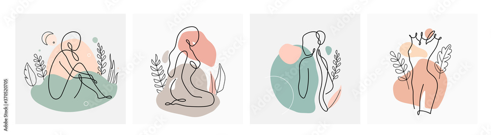 Abstract line woman vector background set in continuous linear art ...