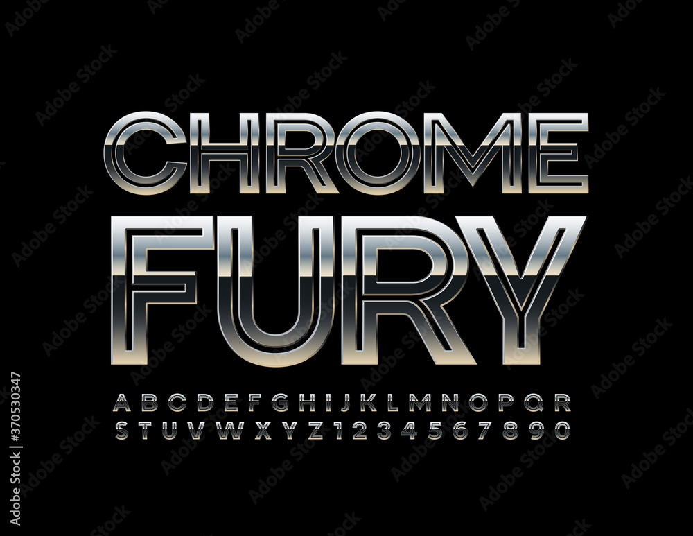 Vector modern sign Chrome Fury. Industrial Metallic Font. Iron creative ...