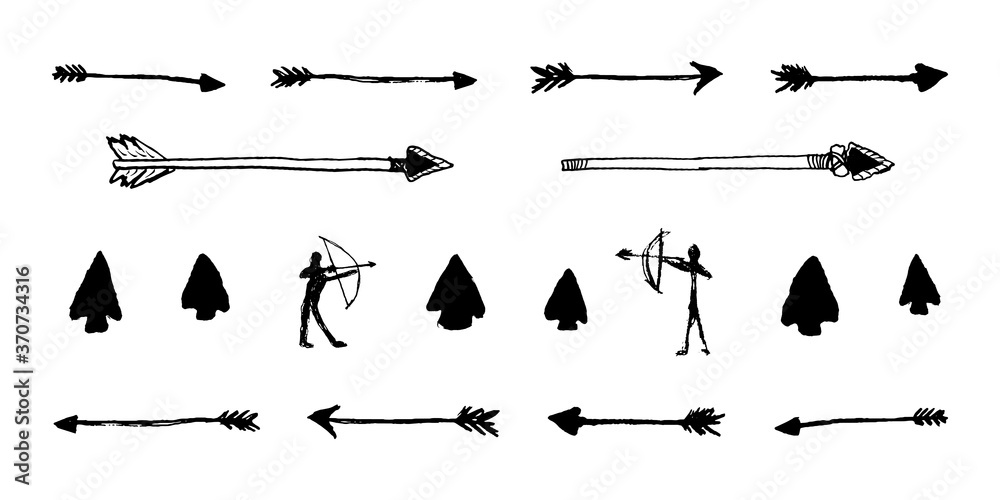 Set of arrow and spear of primal primitive man. Weapons for survival ...