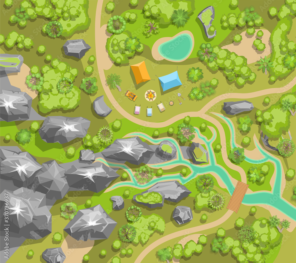 Vector illustration. Landscape and tourist camp. (Top view) Stock ...