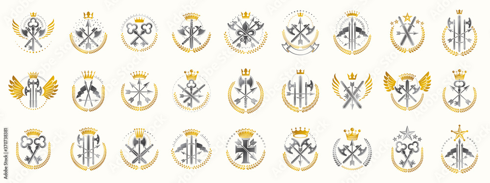 Weapon logos big vector set, vintage heraldic military emblems ...