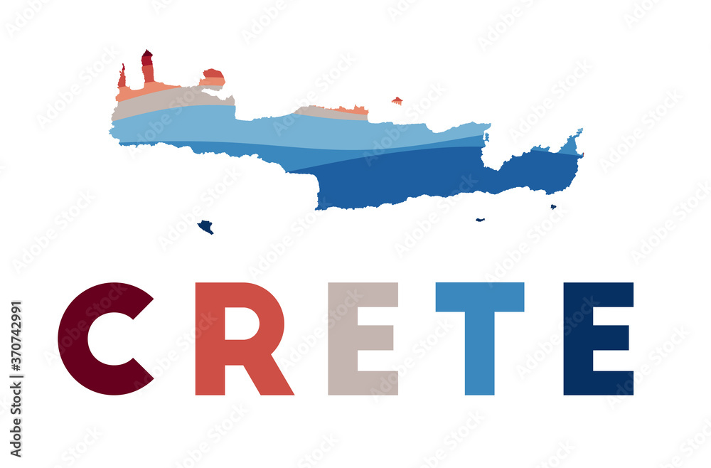 Crete map. Map of the island with beautiful geometric waves in red and ...