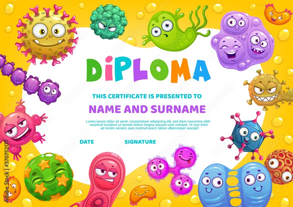 School diploma, vector certificate template with funny germs characters ...