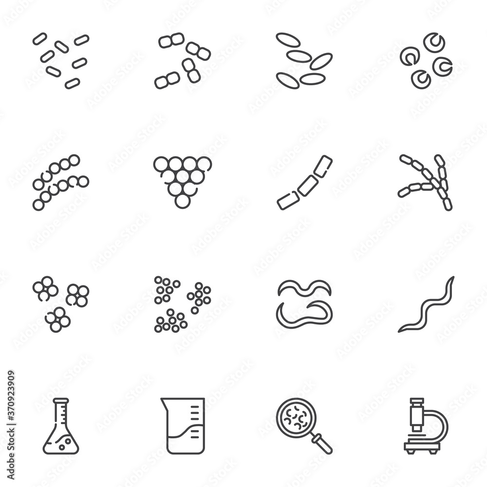 Laboratory bacteria cells line icons set, outline vector symbol ...