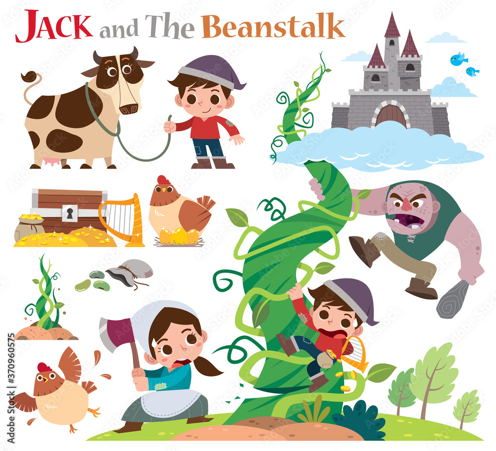 Vector Illustration of Cartoon characters Jack and the beanstalk. Fairy ...