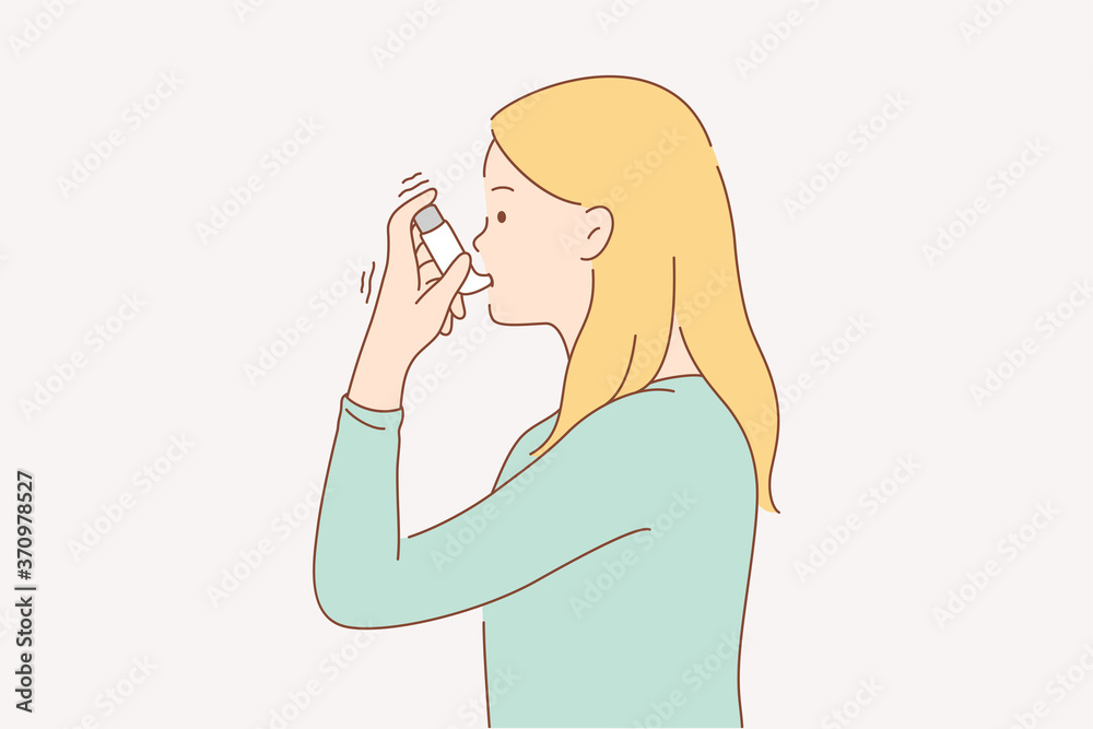 Health, care, desease, problem concept. Young sick ill asthmatic woman ...