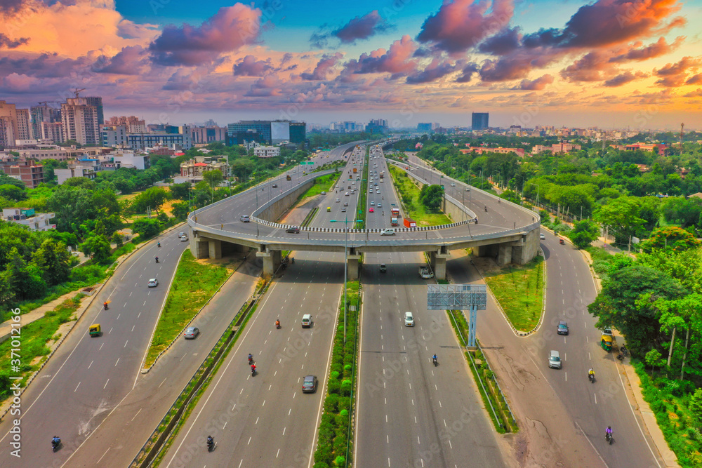 Down aerial view of empty roads near, Gurgaon city Stock Photo | Adobe ...