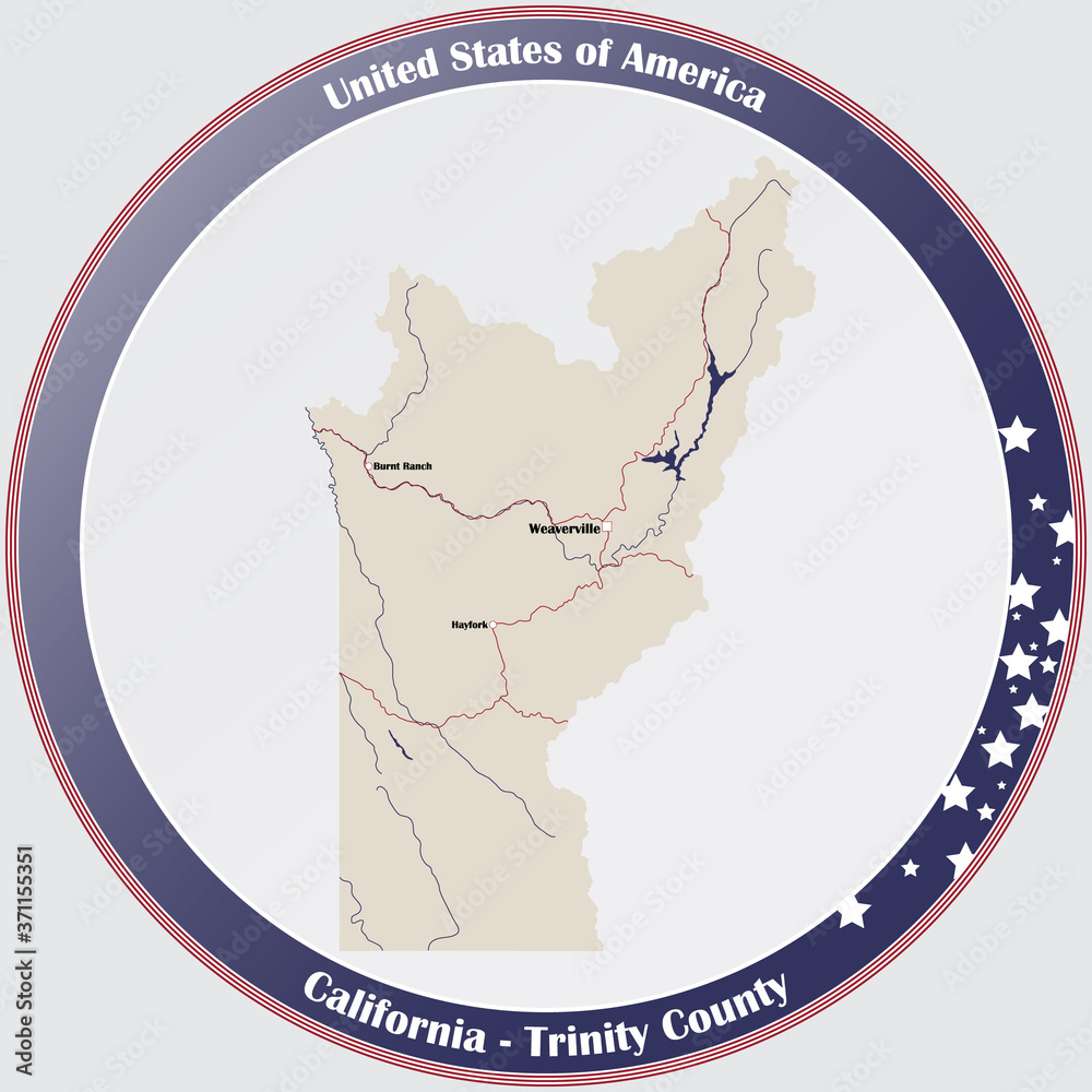 Round button with detailed map of Trinity County in California, USA. の ...