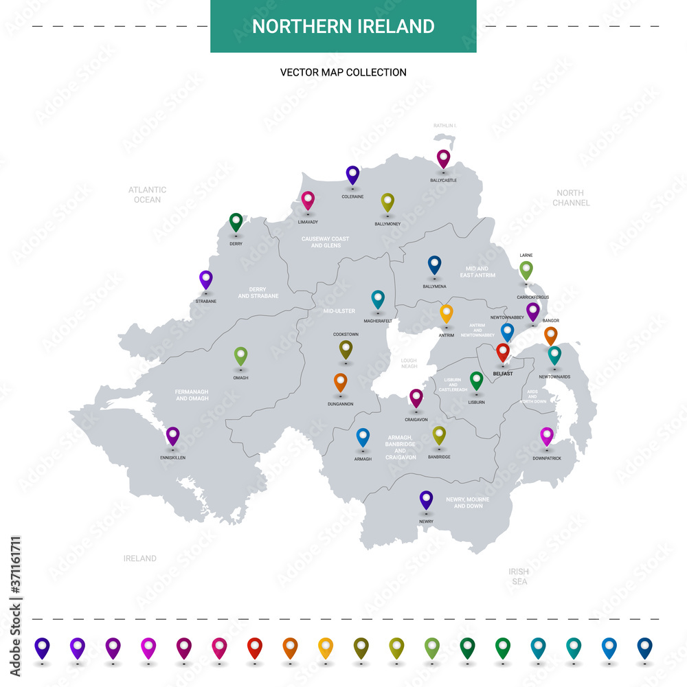 Northern Ireland map with location pointer marks. Infographic vector ...