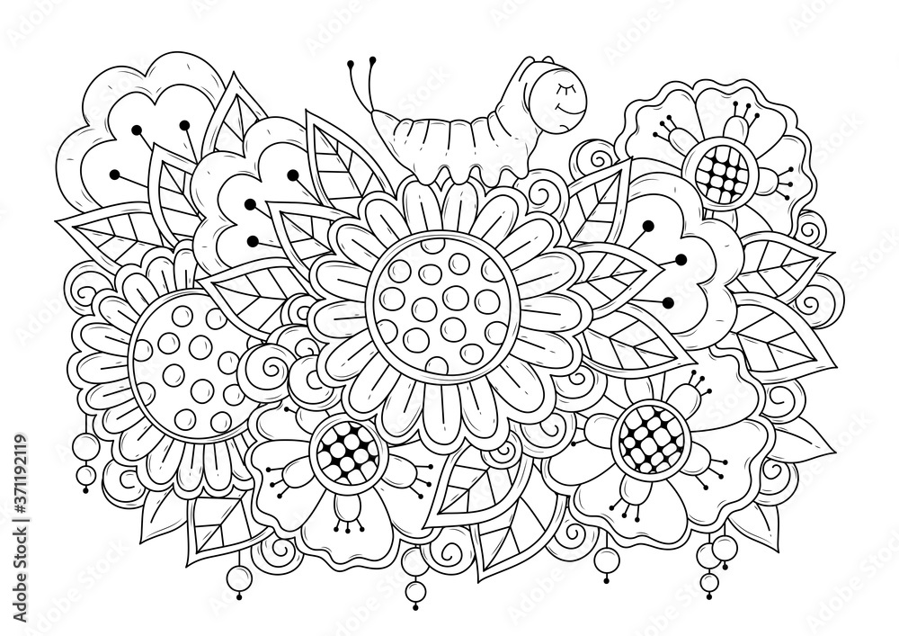 Horizontal coloring page with flowers and cartoon caterpillar. Black ...