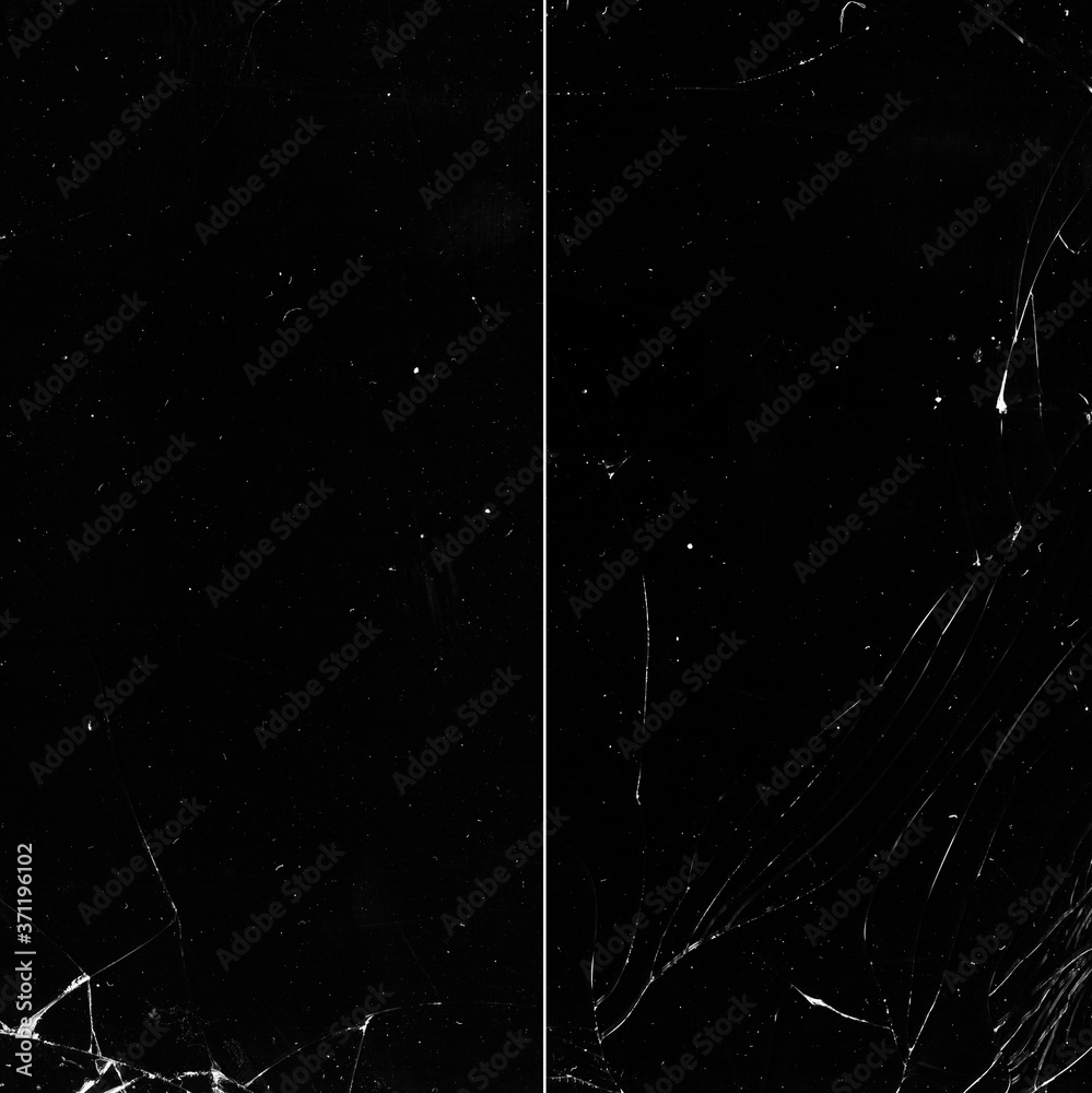 Set of 2 broken glass templates. Fractured texture. Scratches dust on ...