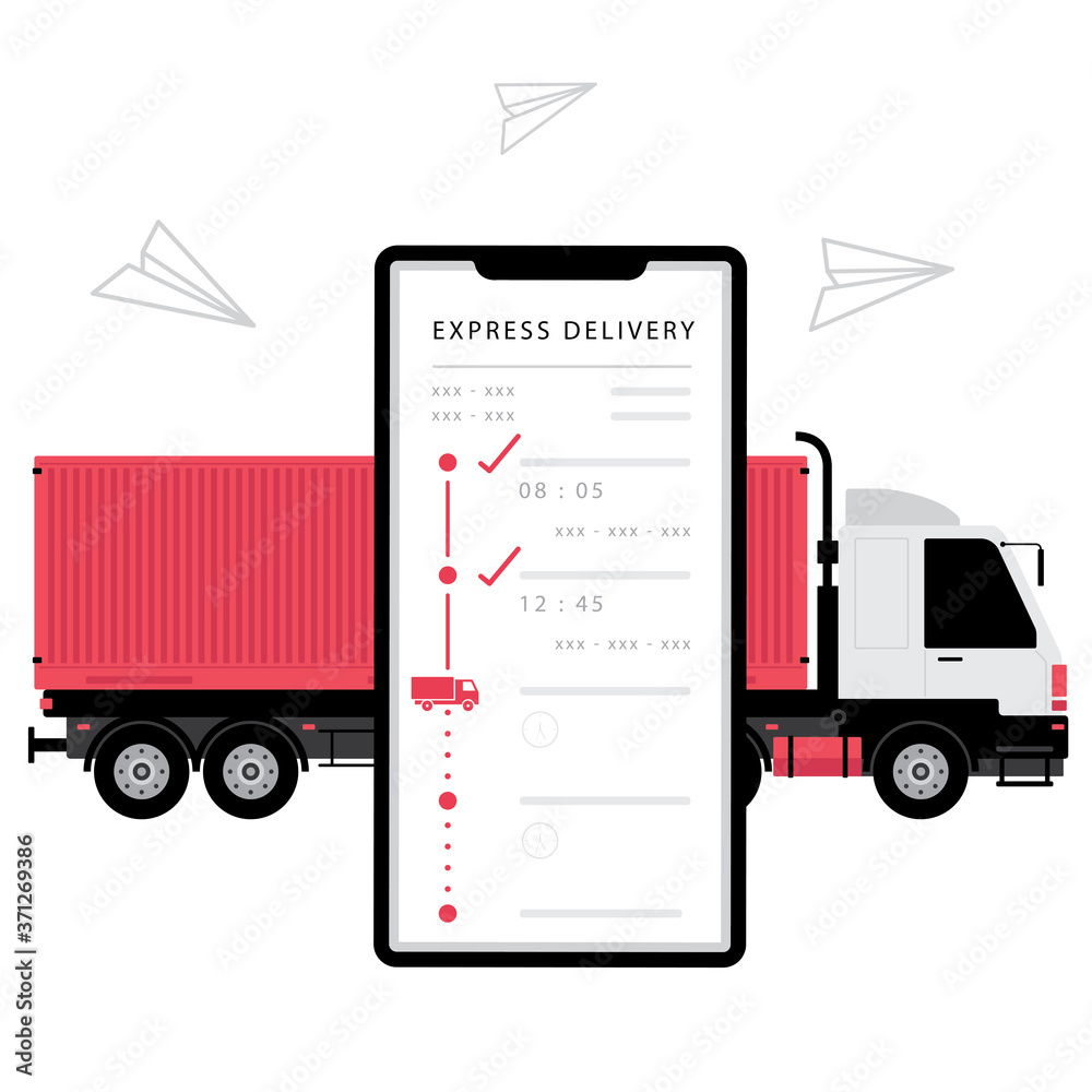 Logistic business feature a phone with delivery timeline and red truck ...