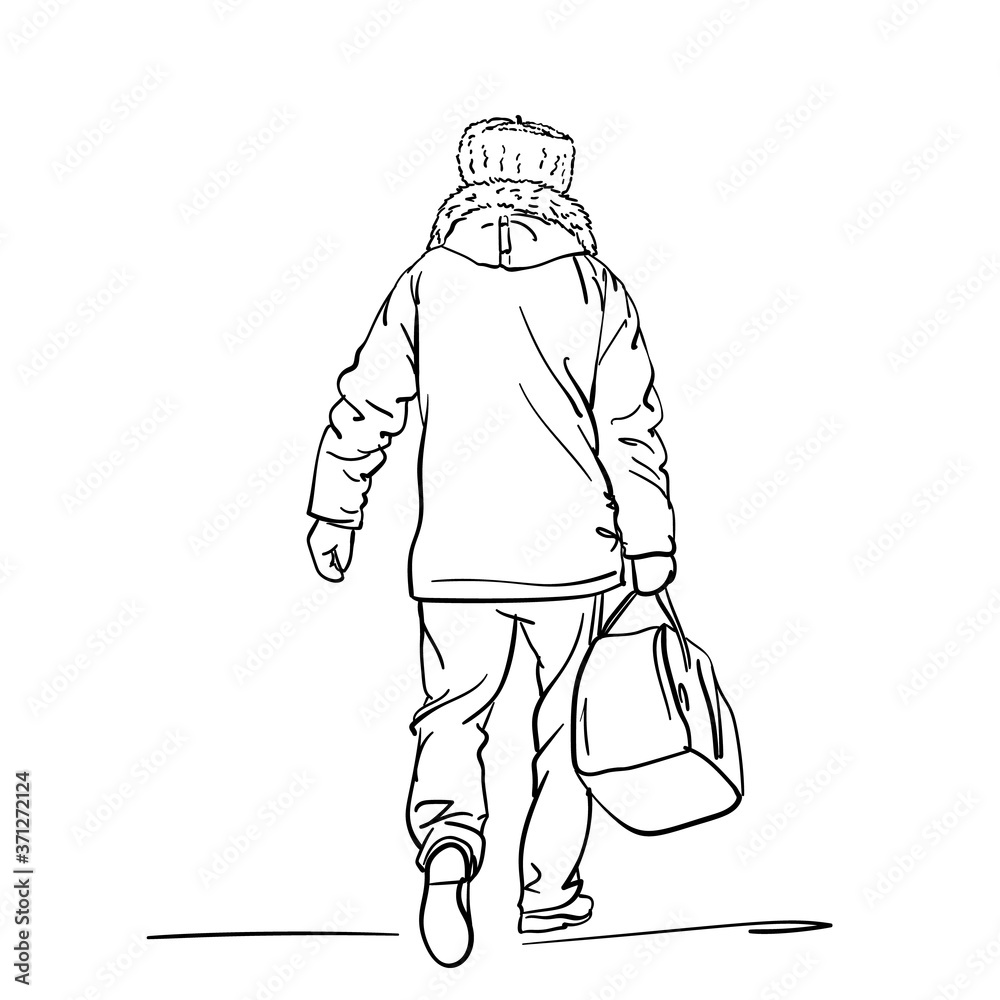 Drawing of mature man carrying duffel bag and wearing winter clothes ...