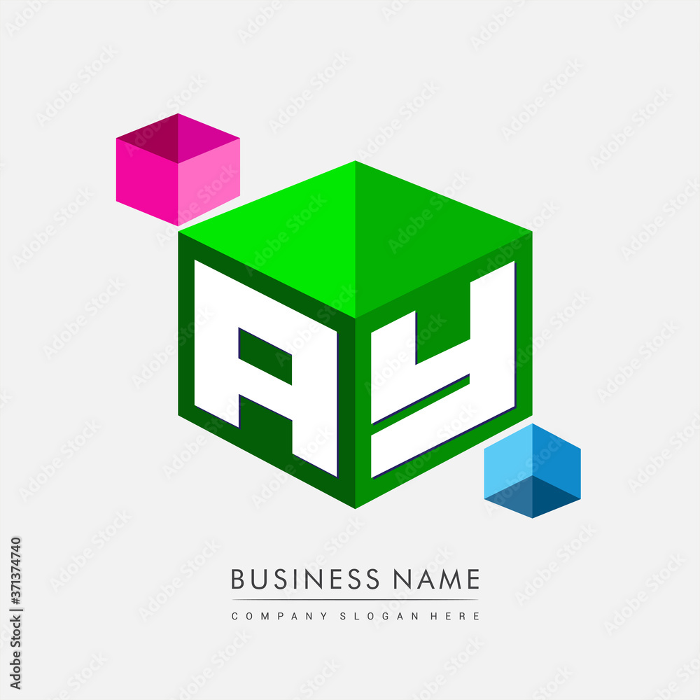 Letter AY logo in hexagon shape and green background, cube logo with ...