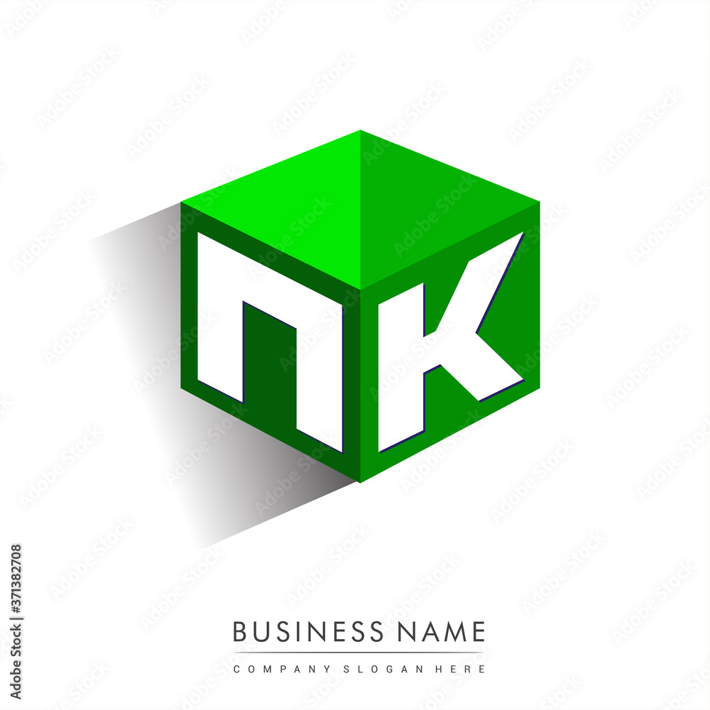 Letter NK logo in hexagon shape and green background, cube logo with ...