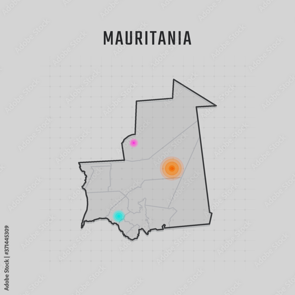 Map of Mauritania with all states and radar spot on map. Each city has ...