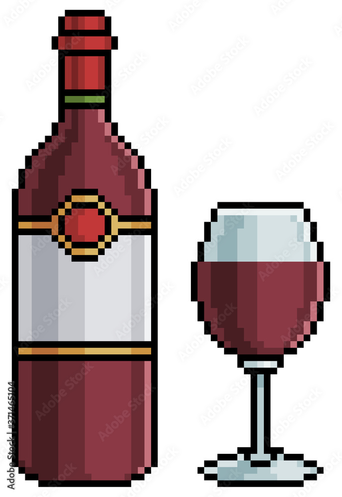 Pixel art wine bottle and glass. Alcoholic drink 8-bit game item on ...