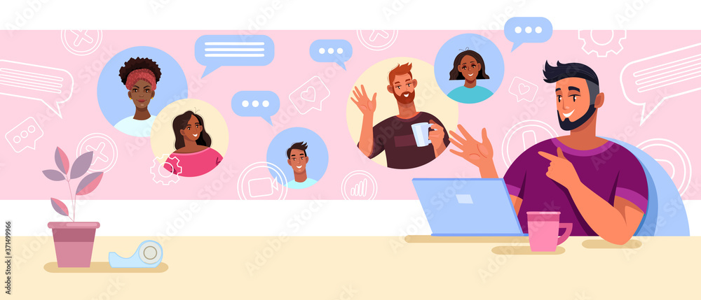 Virtual meeting and teamwork concept with smiling boss and diverse ...