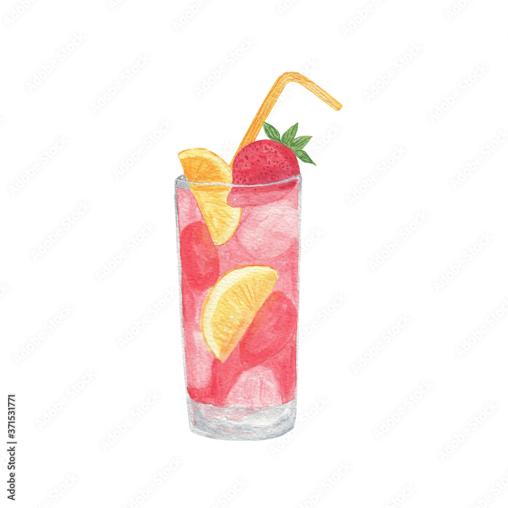 Illustration Stock Strawberry lemonade drink with fruit and ice cubes, straw, orange slices ...