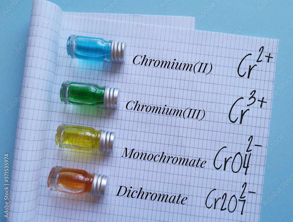 Colored chromium solutions in glass reagent bottles. Chromium-based ...