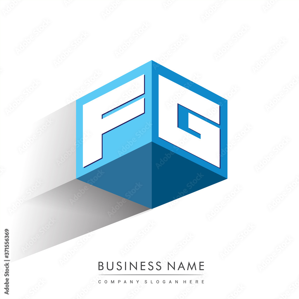 Letter FG logo in hexagon shape and blue background, cube logo with ...