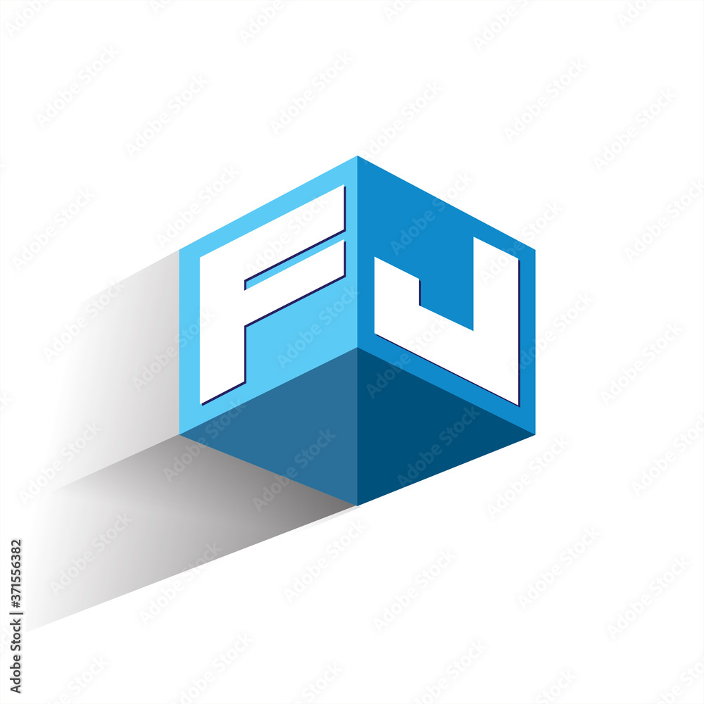 Letter FJ logo in hexagon shape and blue background, cube logo with ...