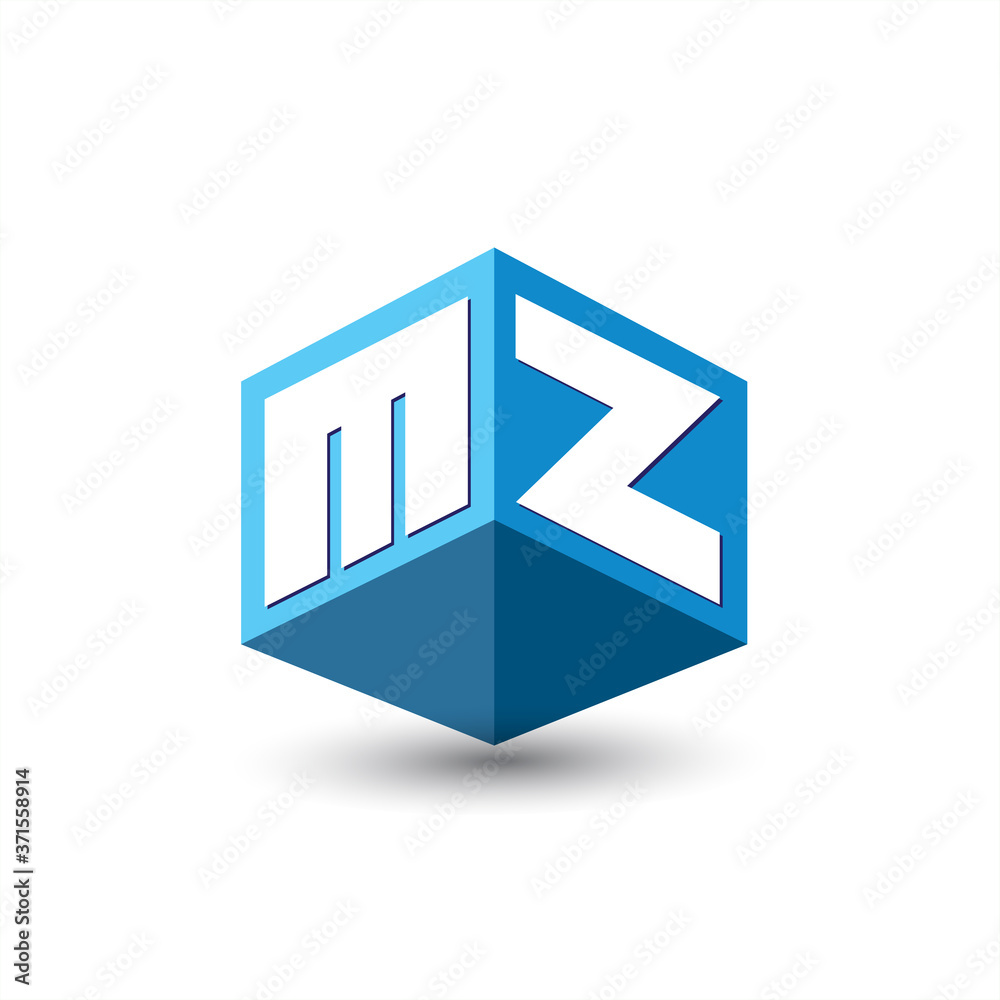 Letter MZ logo in hexagon shape and blue background, cube logo with ...