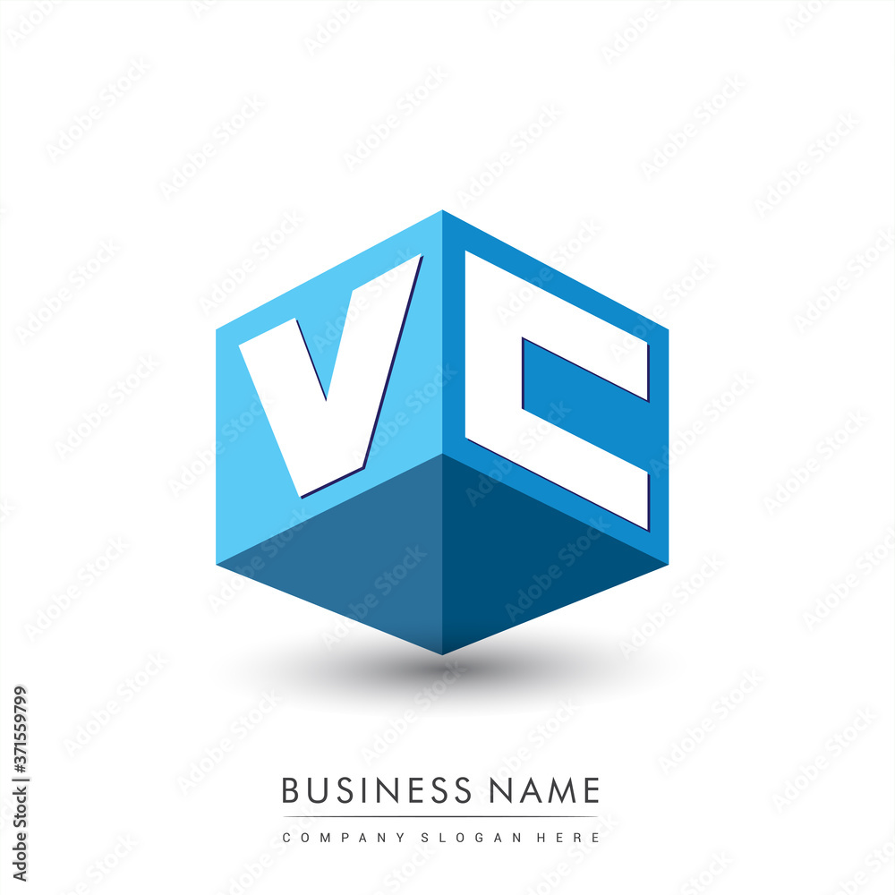 Letter VC logo in hexagon shape and blue background, cube logo with ...