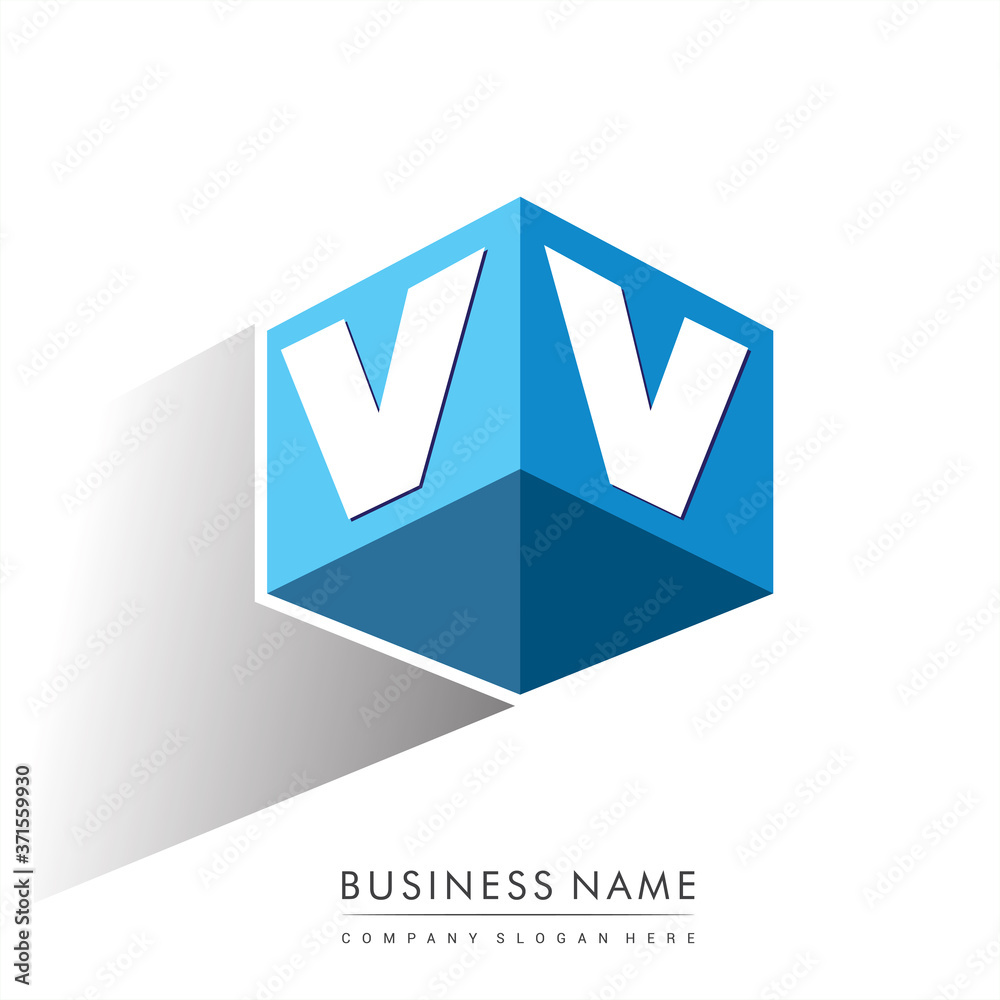 Letter VV logo in hexagon shape and blue background, cube logo with ...