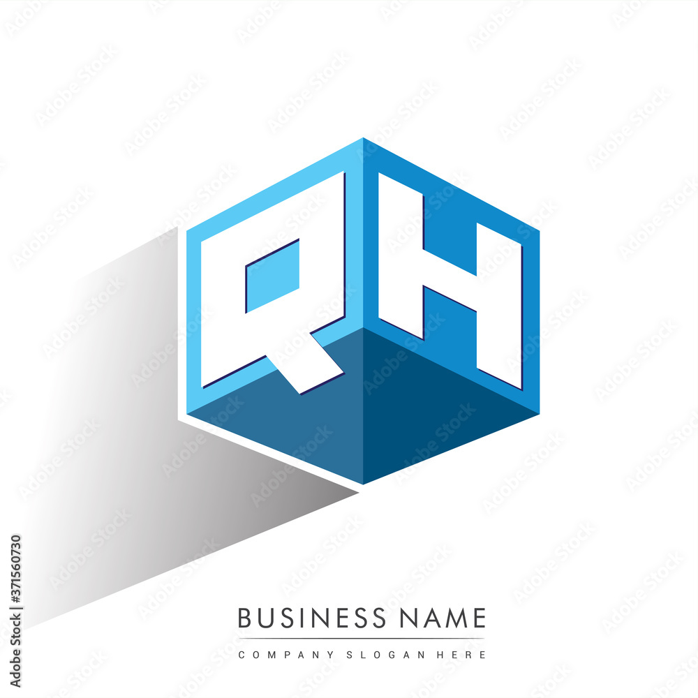 Letter QH logo in hexagon shape and blue background, cube logo with ...