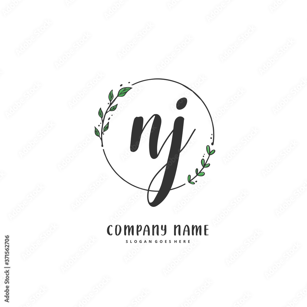N J NJ Initial handwriting and signature logo design with circle ...