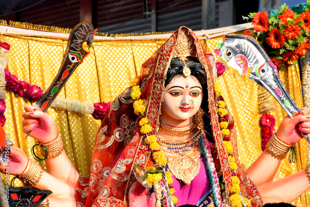 Sculpture of Hindu Goddess Durga, Goddess Durga idol with ornaments in ...