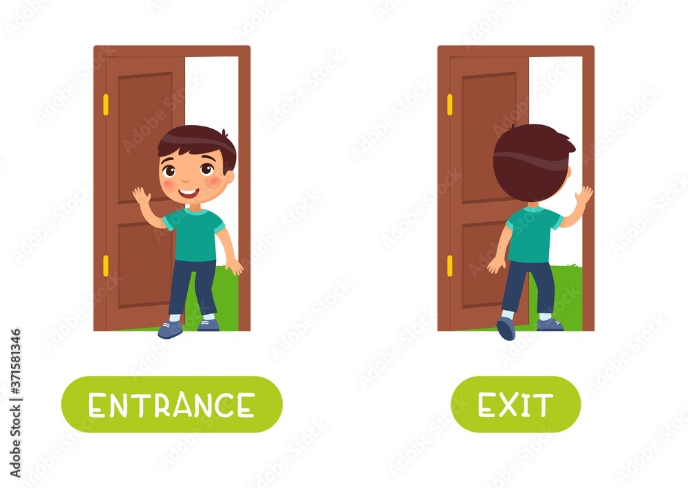 Entrance and exit word card vector template. Opposites concept ...