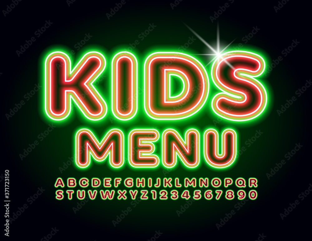 Vector electric template Kids Menu. Neon modern Font. Glowing light ...