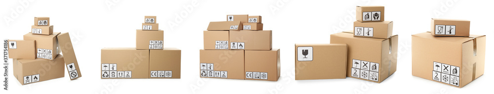 Set of cardboard boxes with packaging symbols on white background ...